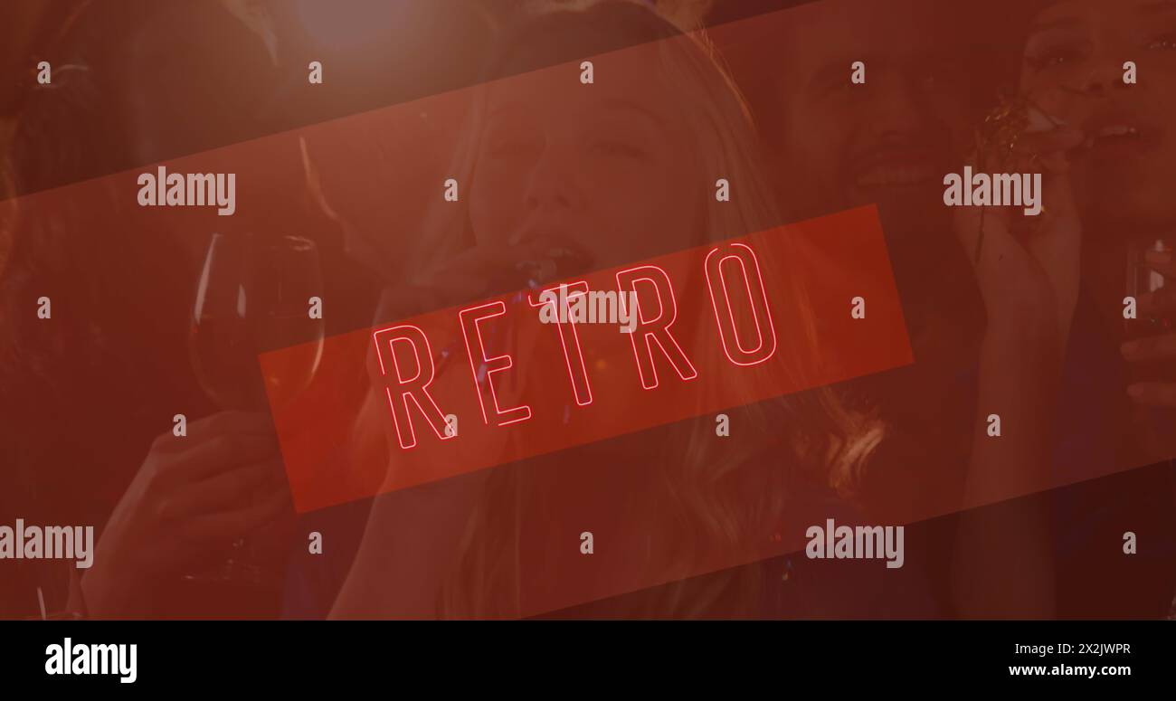 Image of neon retro text in red over smiling friends at party Stock ...