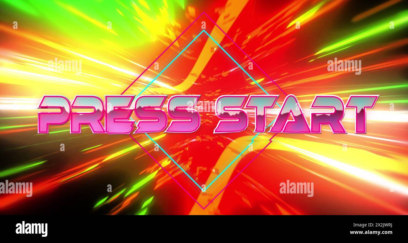 Image of press start text over colourful lights on black background ...
