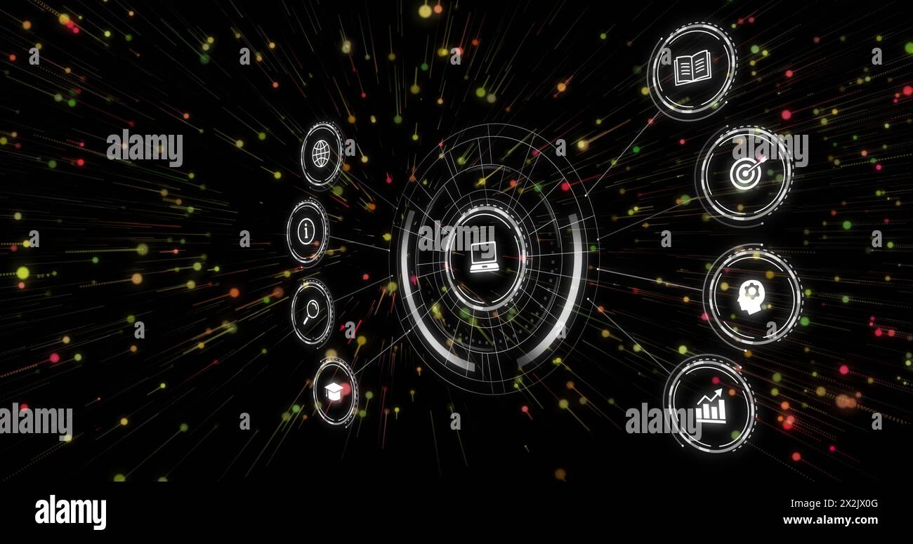 Image of data processing and icons over light spots on black background ...