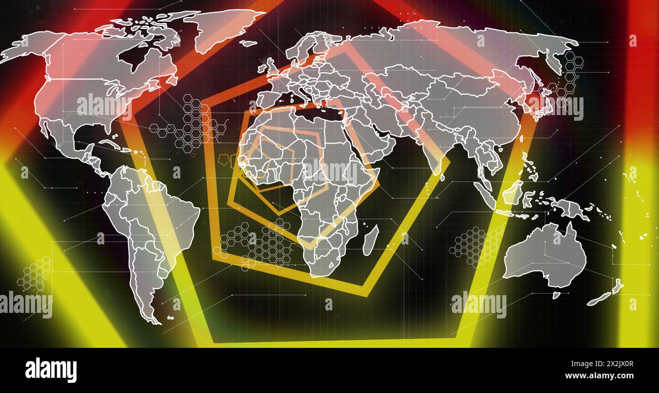 Image of world map over neon shapes on black background Stock Photo - Alamy
