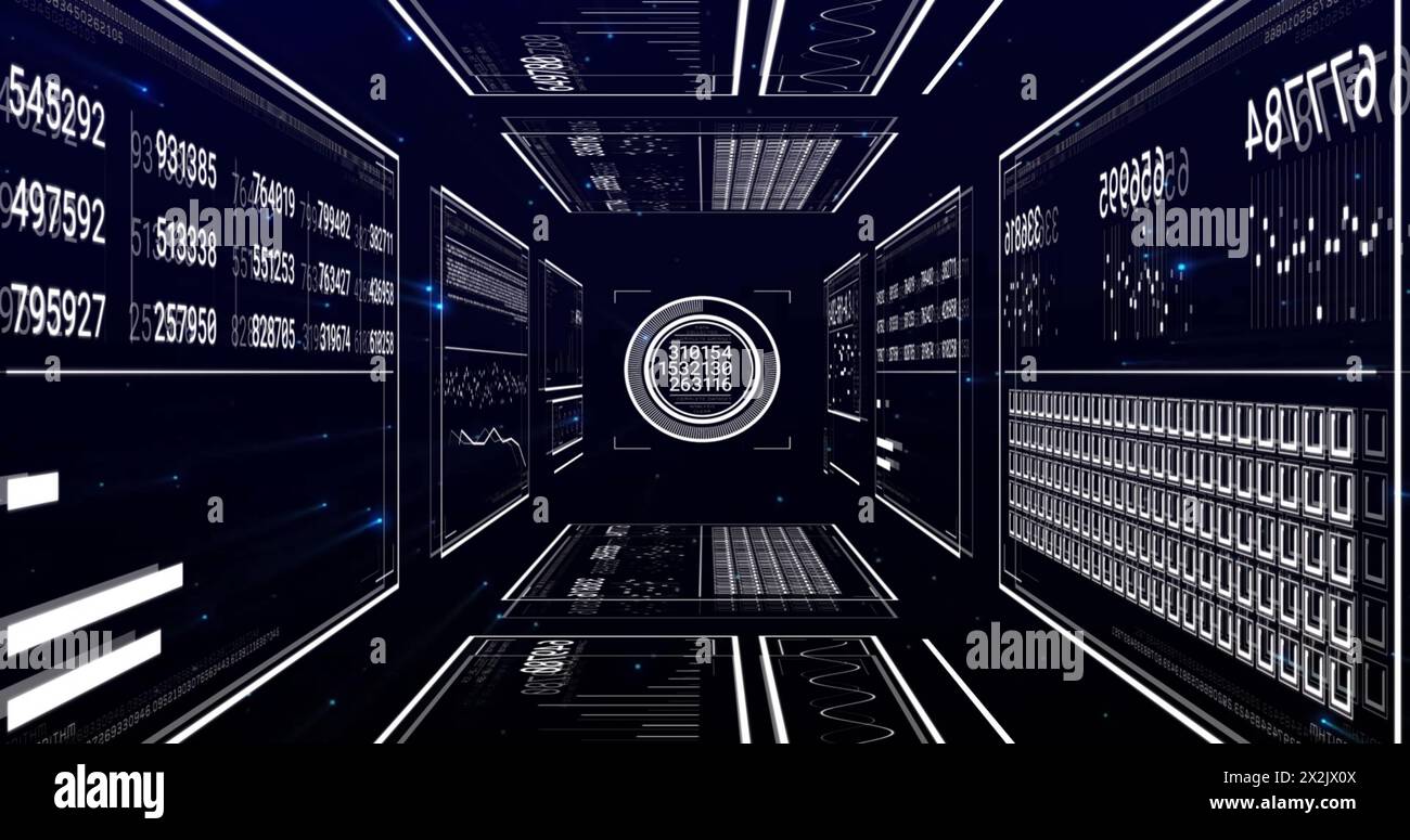 Image of data processing over light trails on black background Stock ...