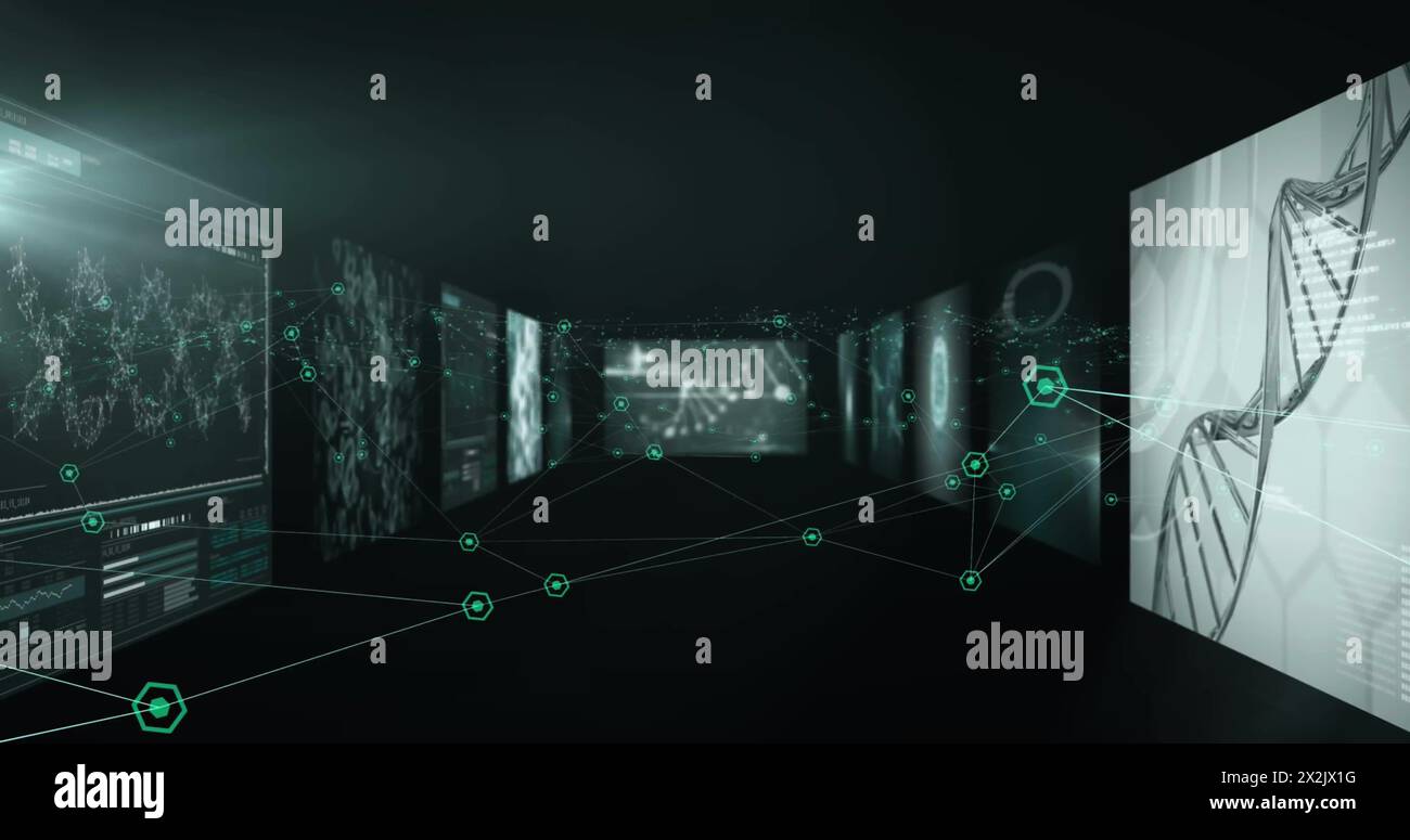 Image of data processing over screens with graphs, networks and dna on ...