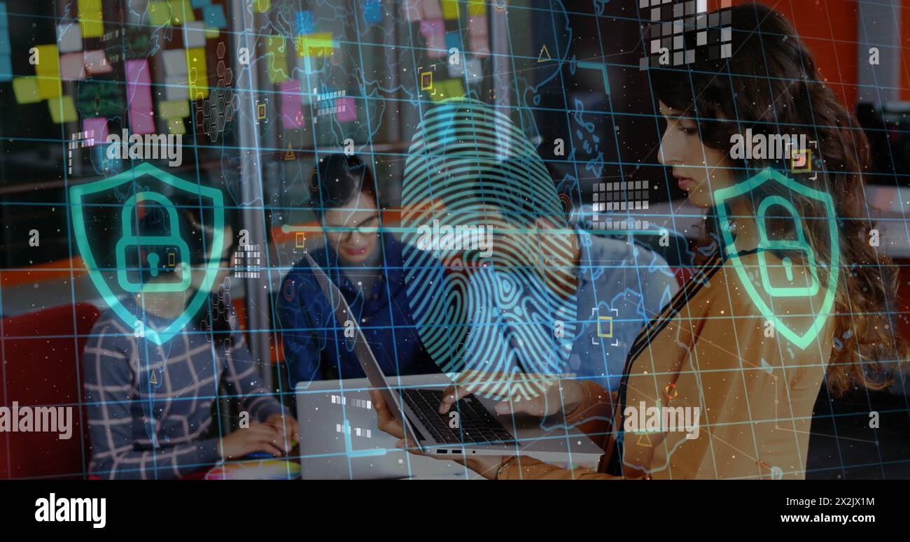 Image of world map and fingerprint over diverse business people ...