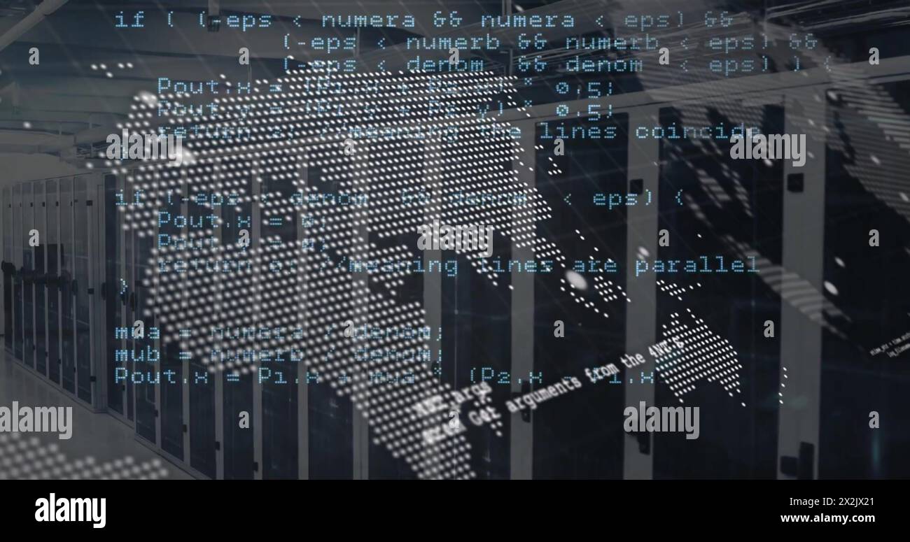 Image of world map and coding data processing over computer server room Stock Photo - Alamy