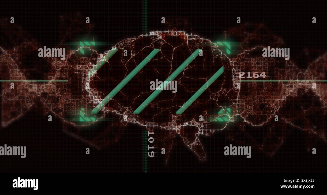 Image of scientific data processing, dna strand and human brain over ...