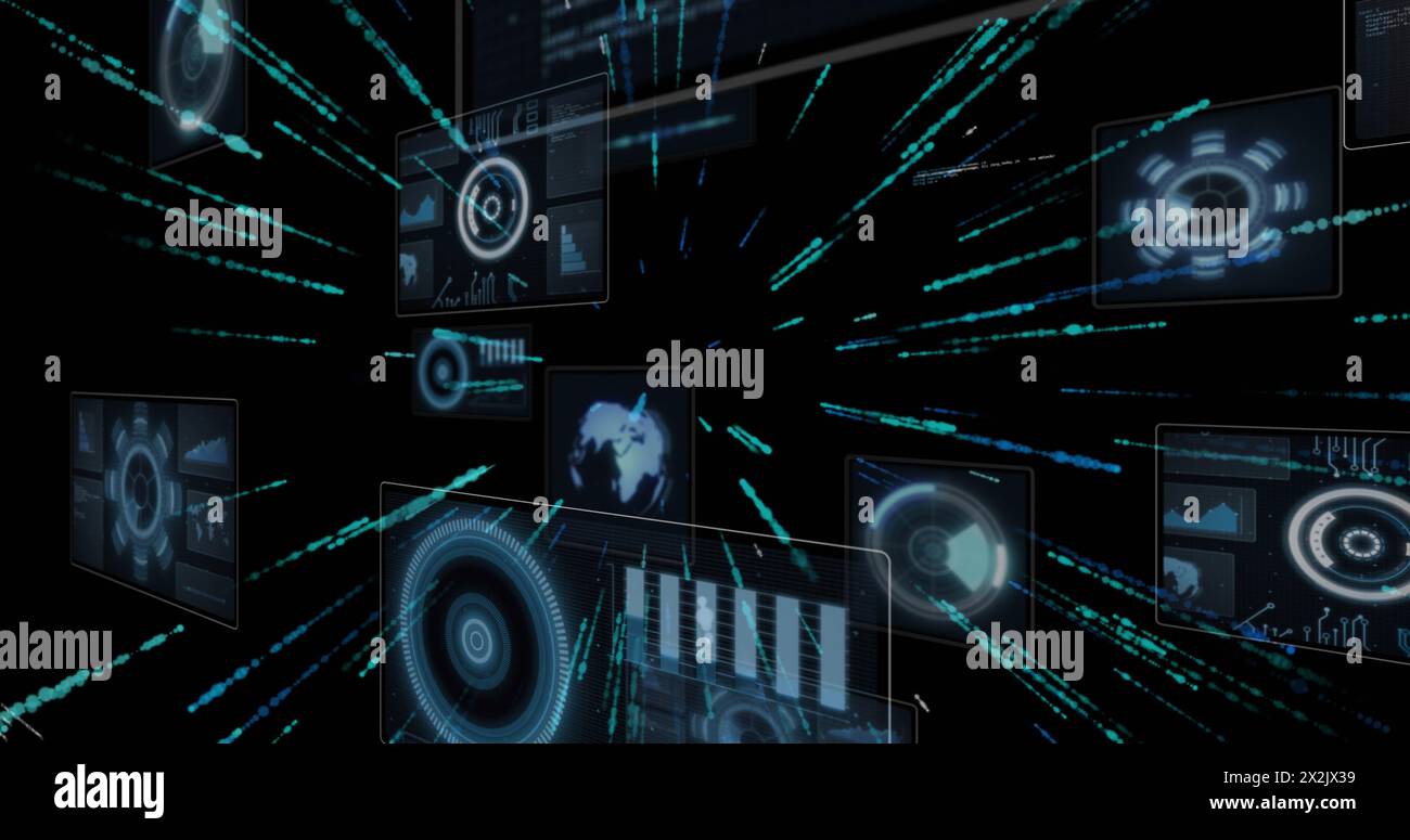 Image of data processing and light trails on black background Stock ...
