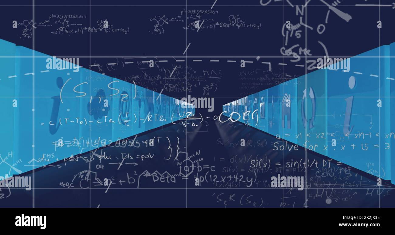 Image of mathematical equations over cubes with icons on black ...