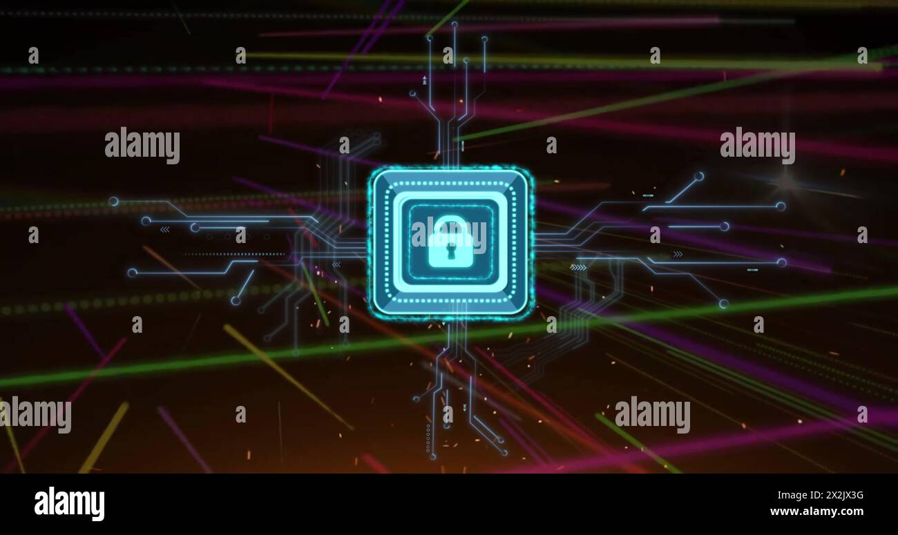 Image of padlock icon with computer circuit board over light trails on black background Stock ...