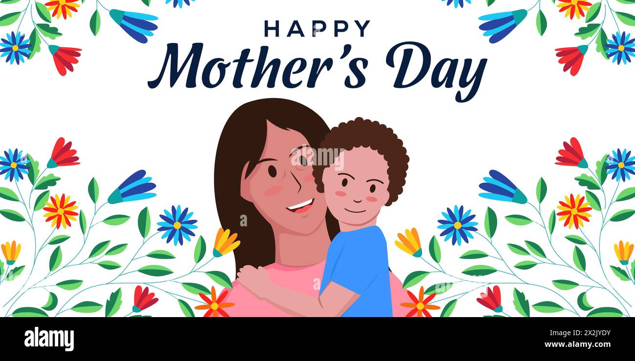vector flat mother's day horizontal banner with mom carrying the son ...