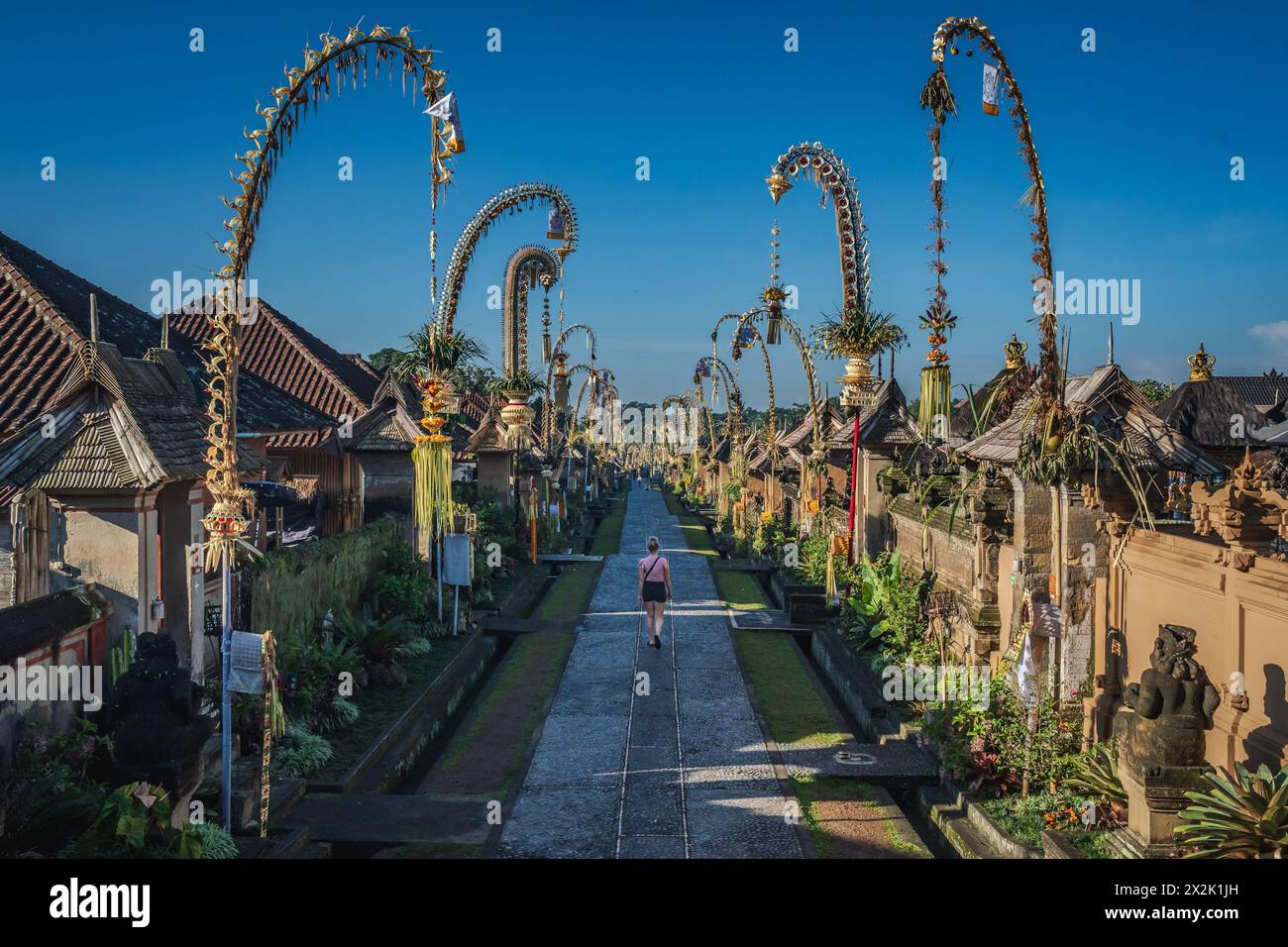 A scenic view of a traditional Bali street adorned with Penjor, tall ...