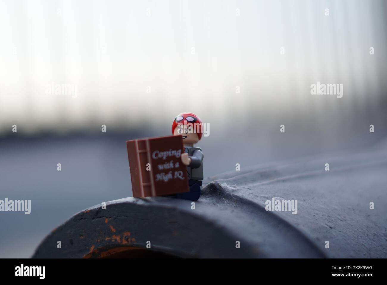 Lego minifigure Peter Parker sitting and reading a book with blurred ...