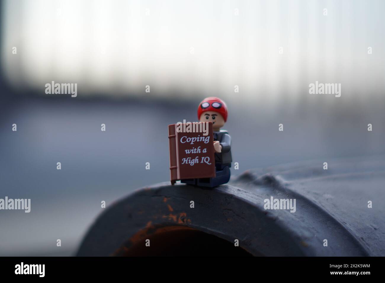 Lego minifigure Peter Parker sitting and reading a book with blurred ...