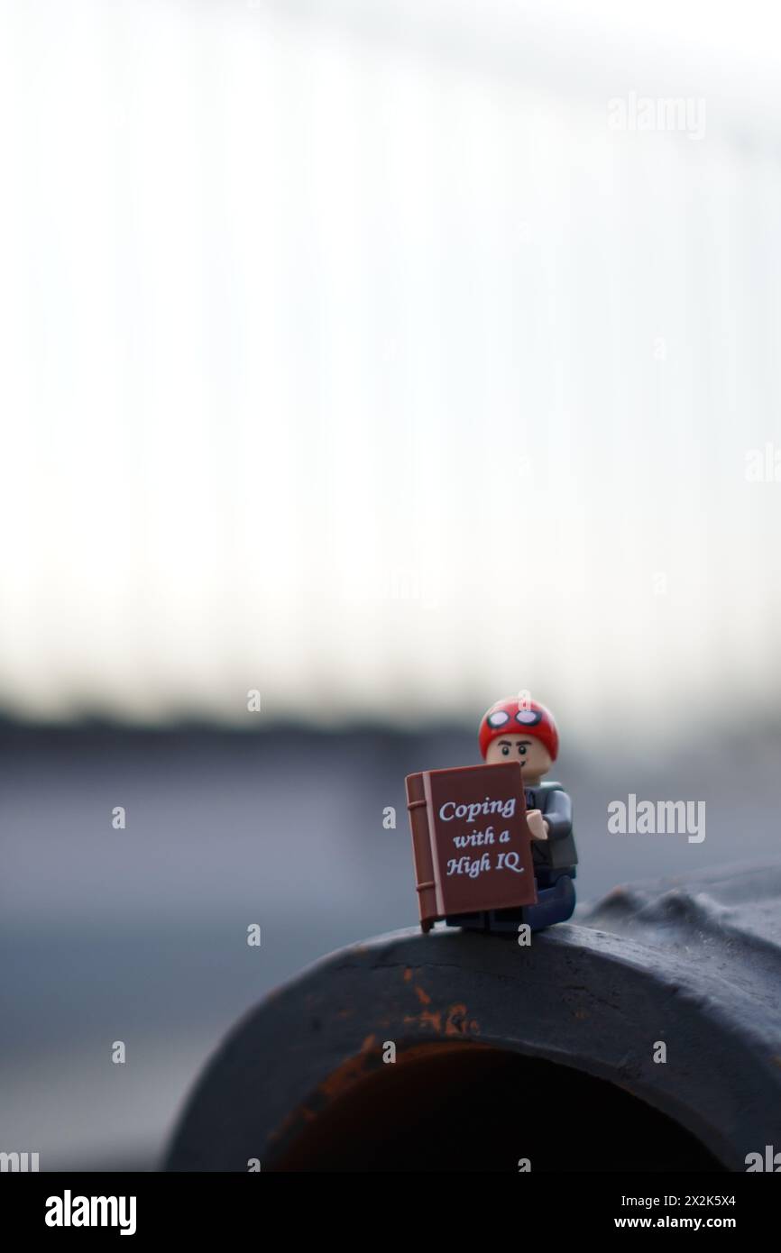 Lego minifigure Peter Parker sitting and reading a book with blurred ...