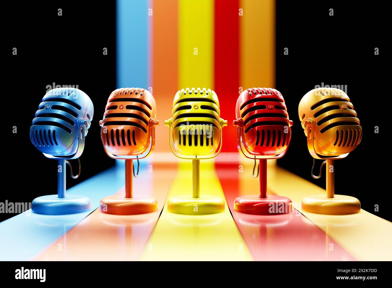 Multi-colored microphones ion black background; 3d illustration. music ...