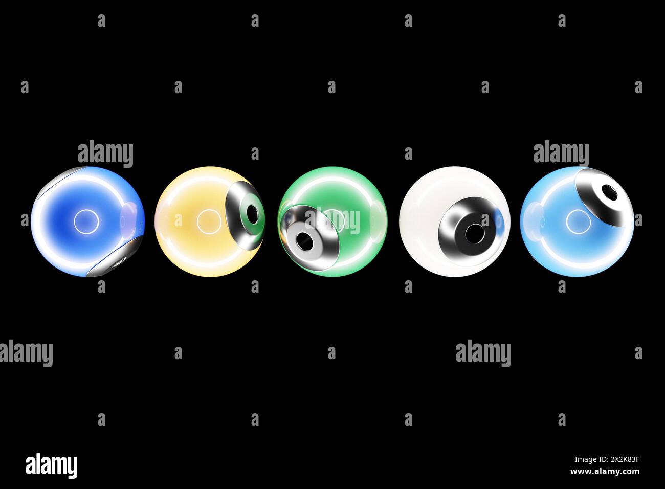 Close-up 3d colorful illustration. Row of the colorful spheres are ...