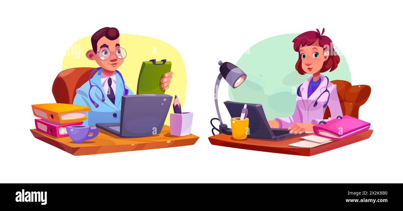Man doctor on hospital desk with computer vector. Medical office care ...