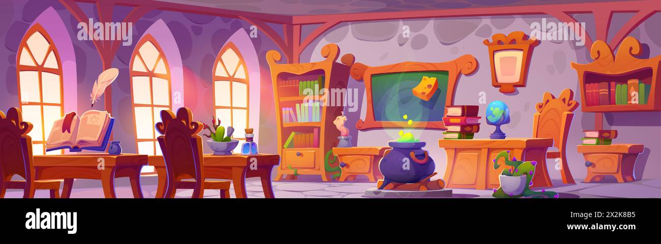 Magic wizard school classroom interior. Cartoon medieval schoolhouse ...