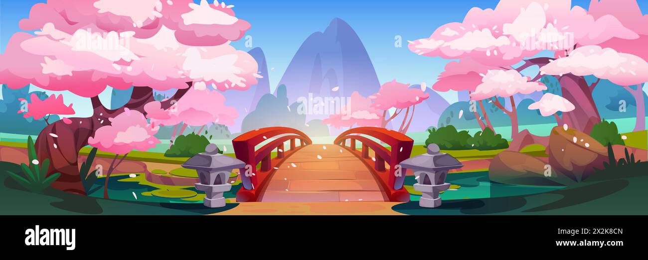 Japanese park with pink flowering sakura trees, bridge over pond or ...