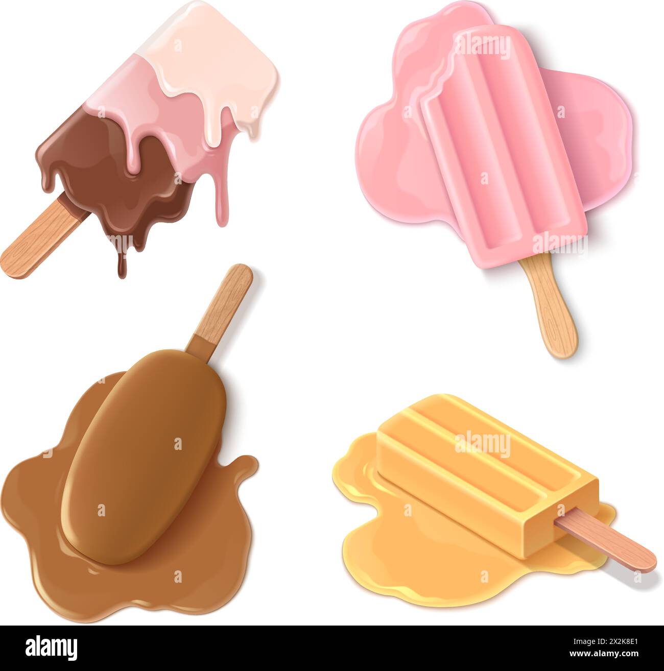Melted ice cream on stick. Pink berry, chocolate, caramel and ...
