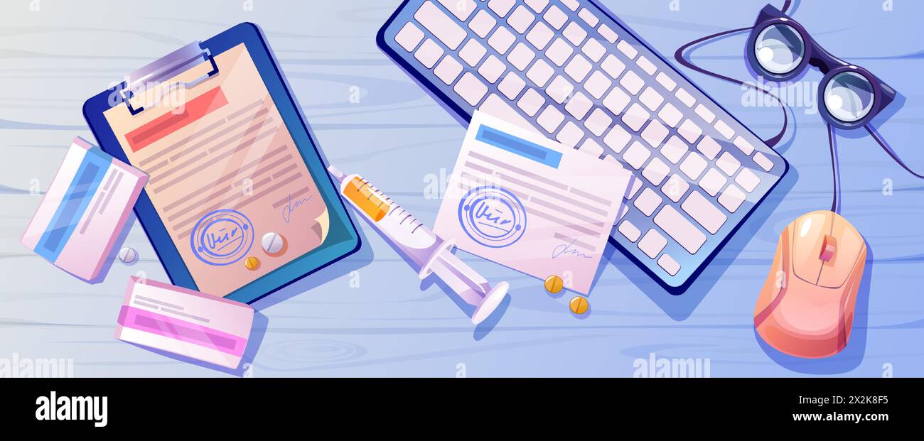 Medical office doctor desk with computer top view. Health document ...