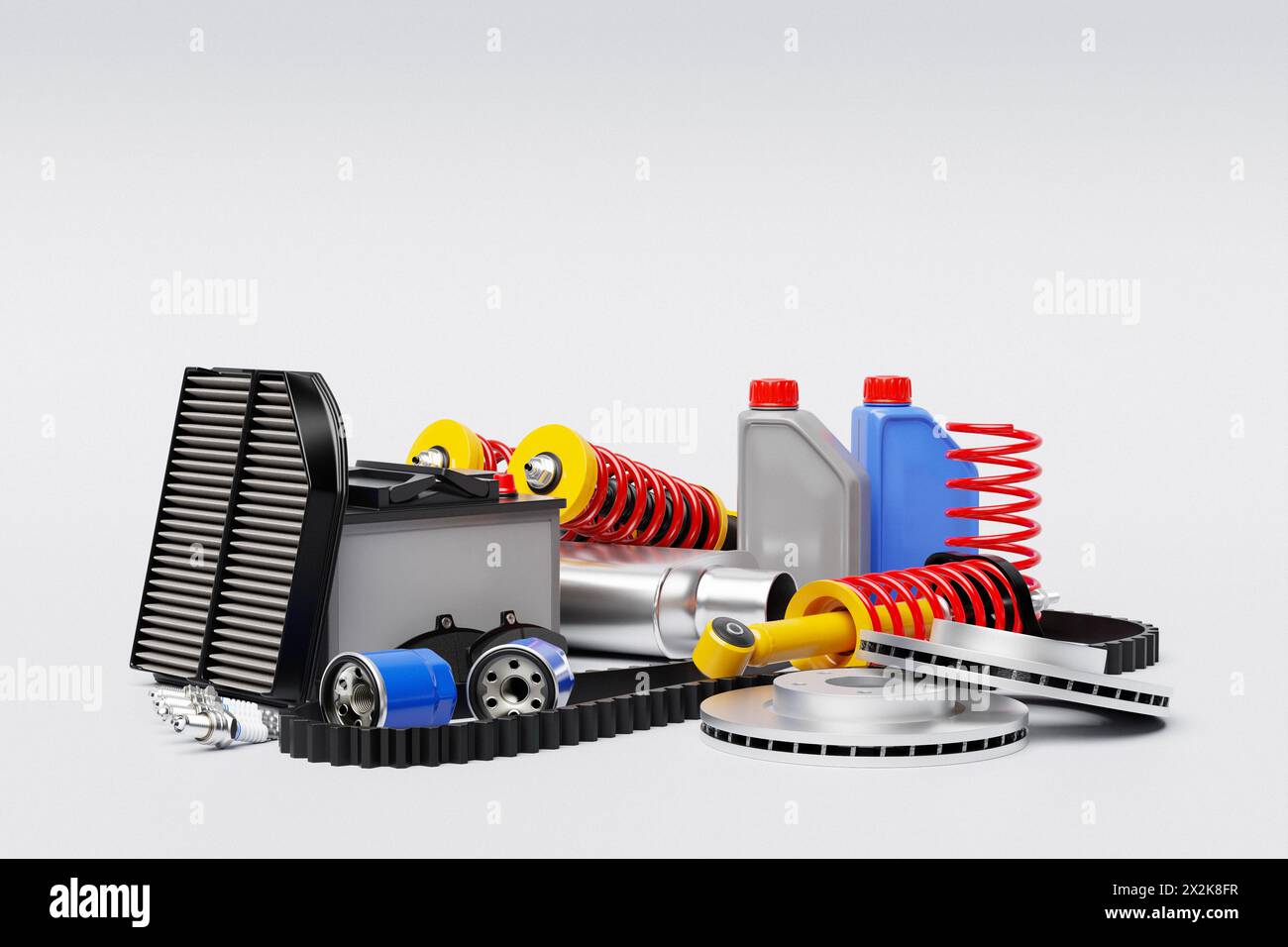 3d illustration of auto parts car shock absorber, oil canister, fuel ...