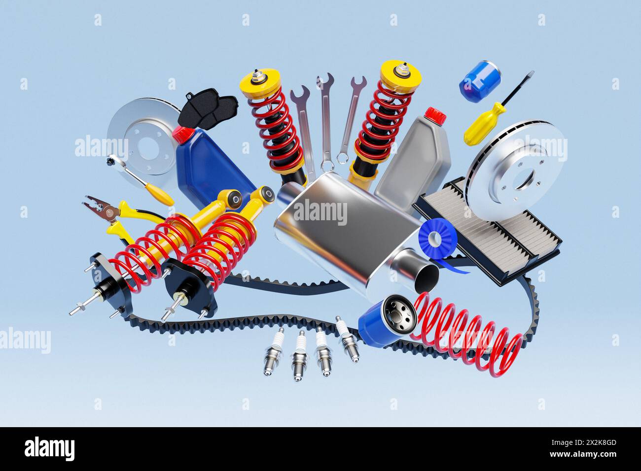 3D illustration, auto parts car shock absorber,timing belt, oil ...