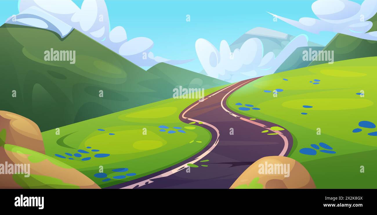 Winding road on mountain background. Vector cartoon illustration of ...
