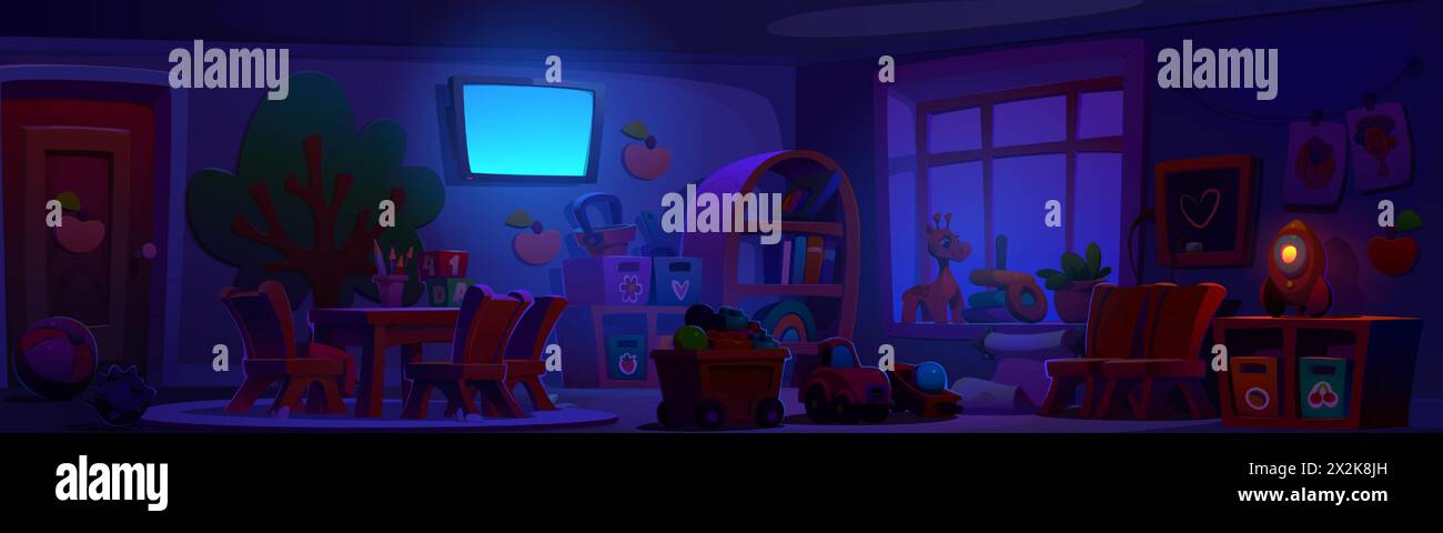 Kindergarten playing room interior at night. Cartoon vector ...