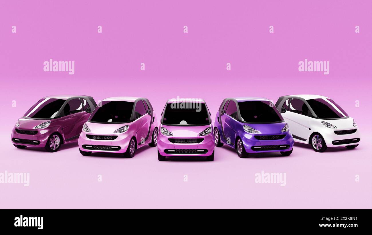 3D illustration of cute children's car models on a pink background ...