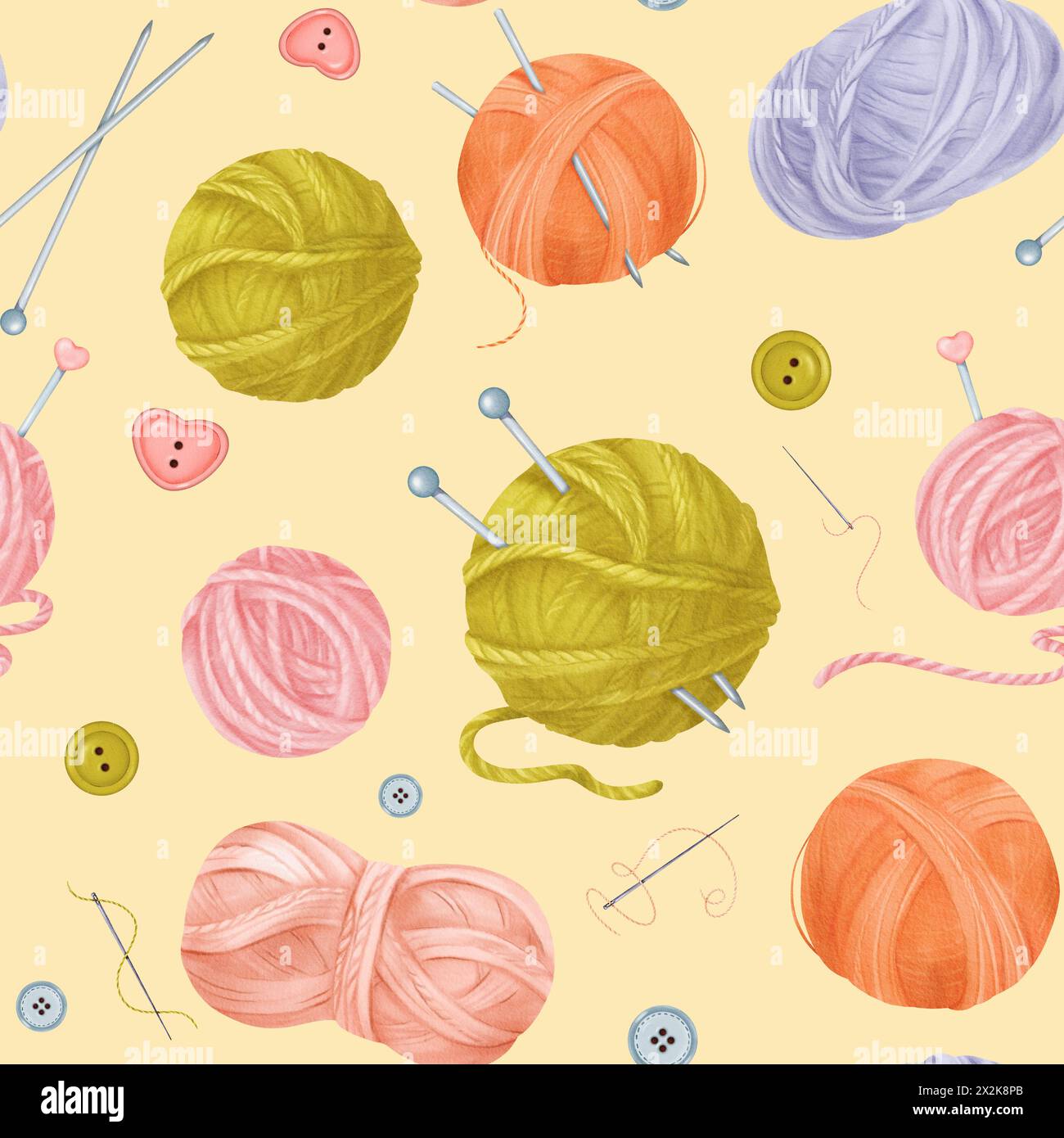 A seamless crafting-themed pattern featuring yarn skeins, colorful ...