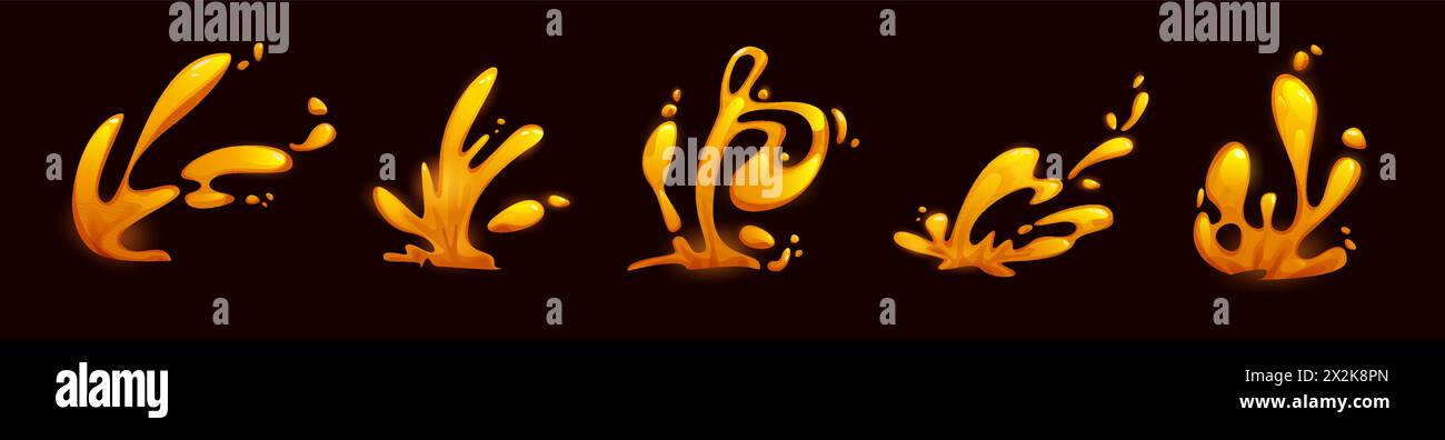 Volcanic lava splashes set isolated on black background. Vector cartoon ...