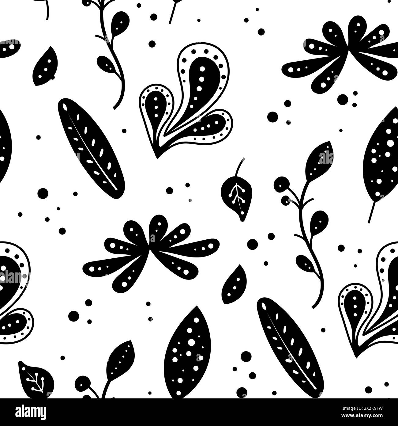 Seamless neo folk art vector pattern with flowers, black and white ...