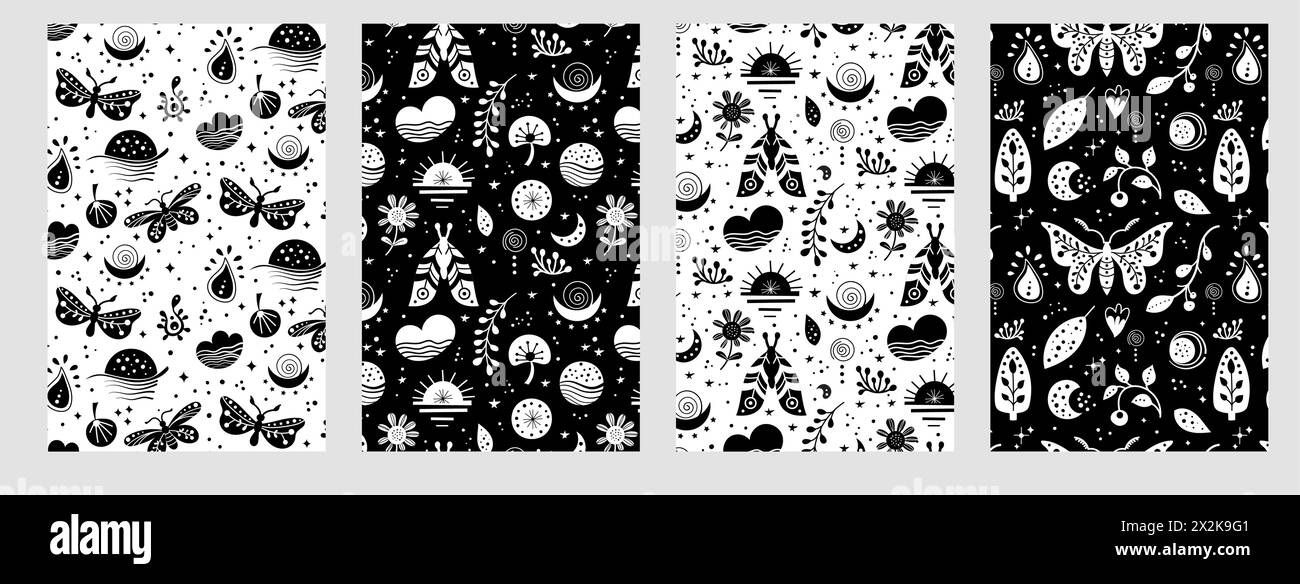 Seamless neo folk pattern with butterfly, moth and flowers, black and ...