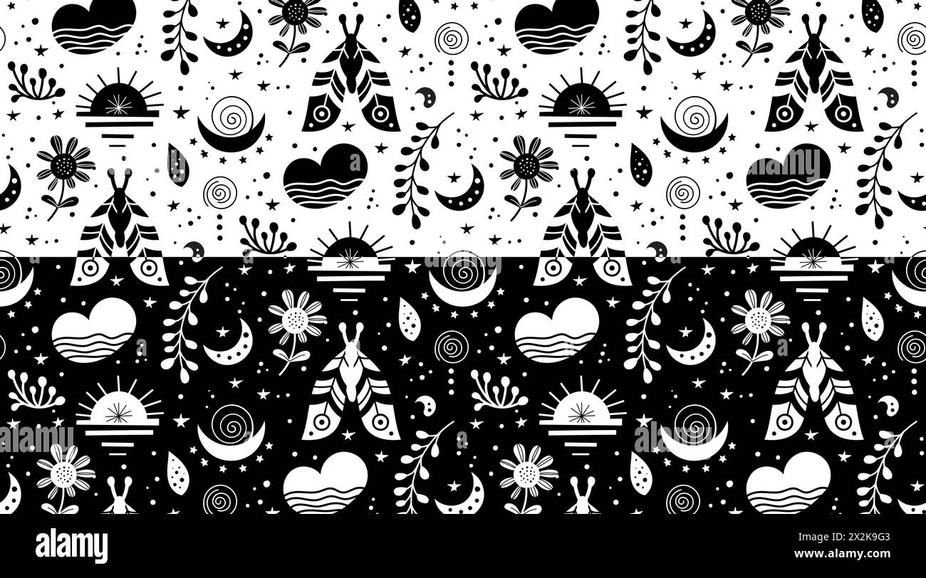 Seamless neo folk patterns set with butterfly, moth and flowers, black ...