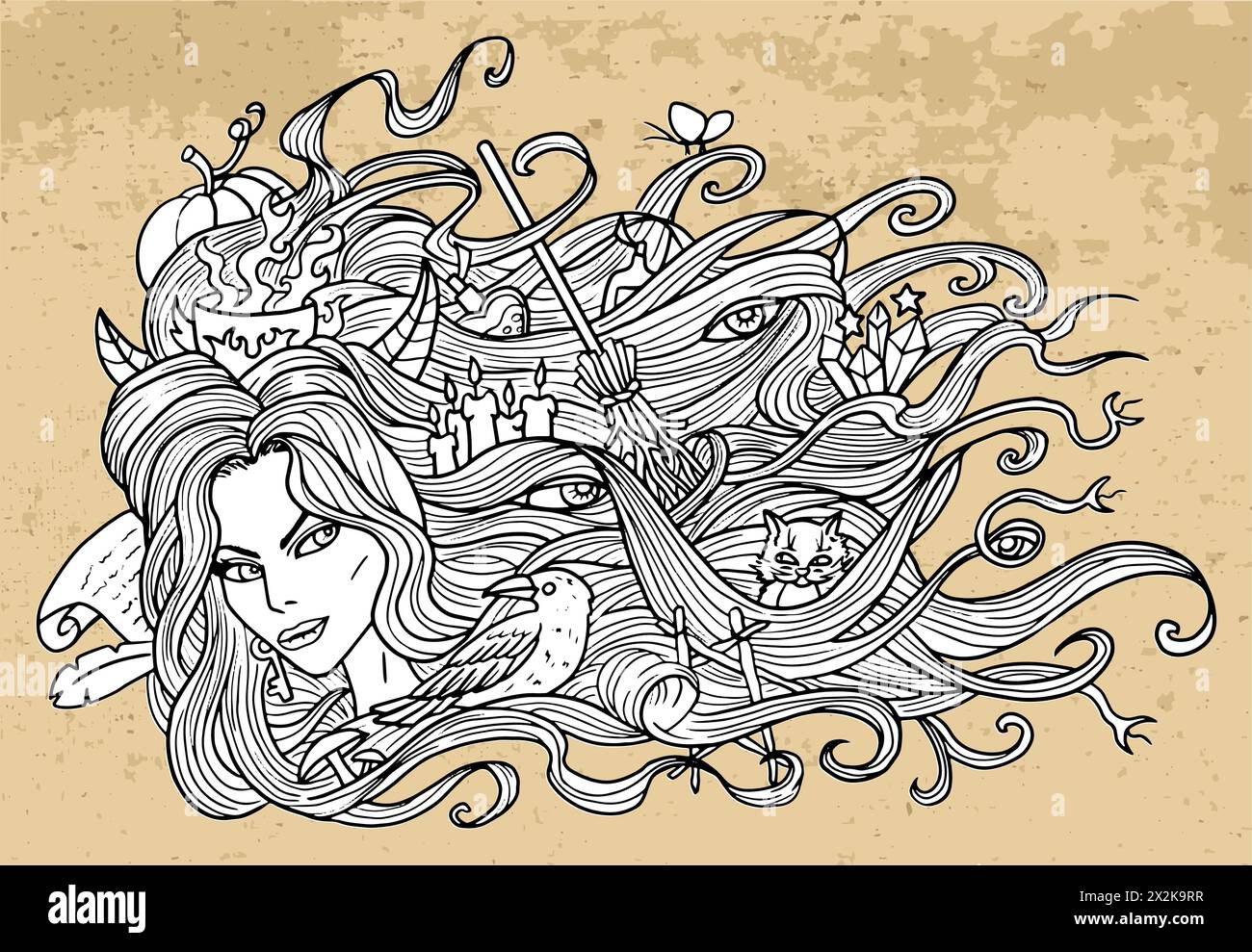 Scary fantasy engraved illustration with beautiful witch woman and ...
