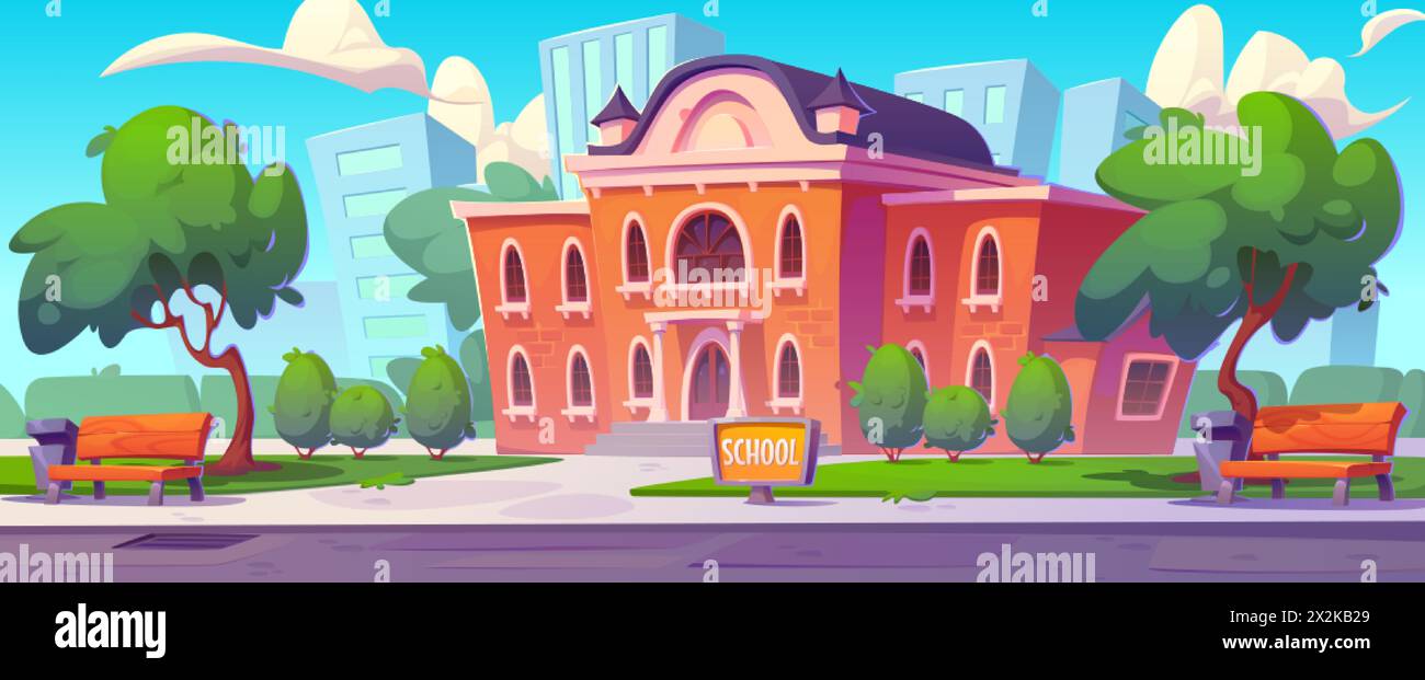 School building and outside yard cartoon background. City university ...
