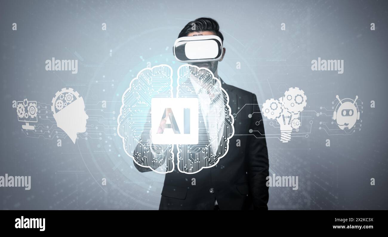 Caucasian business man using chat bot to support and assistant ...