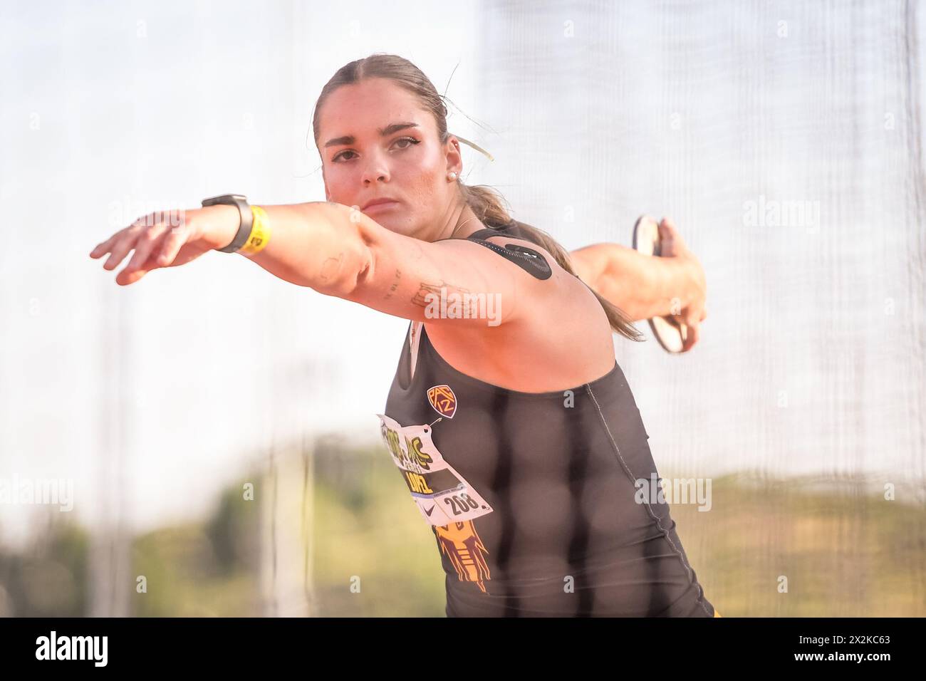 Ines Lopez of Arizona State wins the women’s discus at the 64th Mt San ...