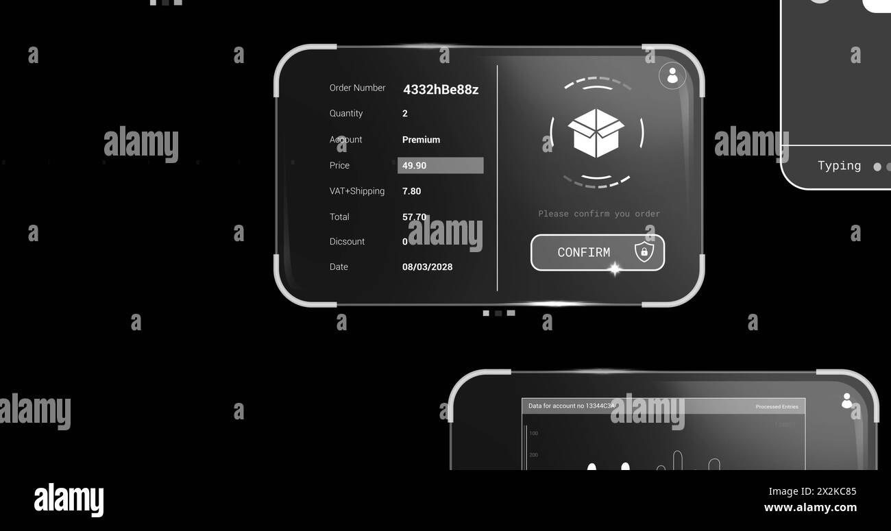 Image of digital interface and data processing on black background ...