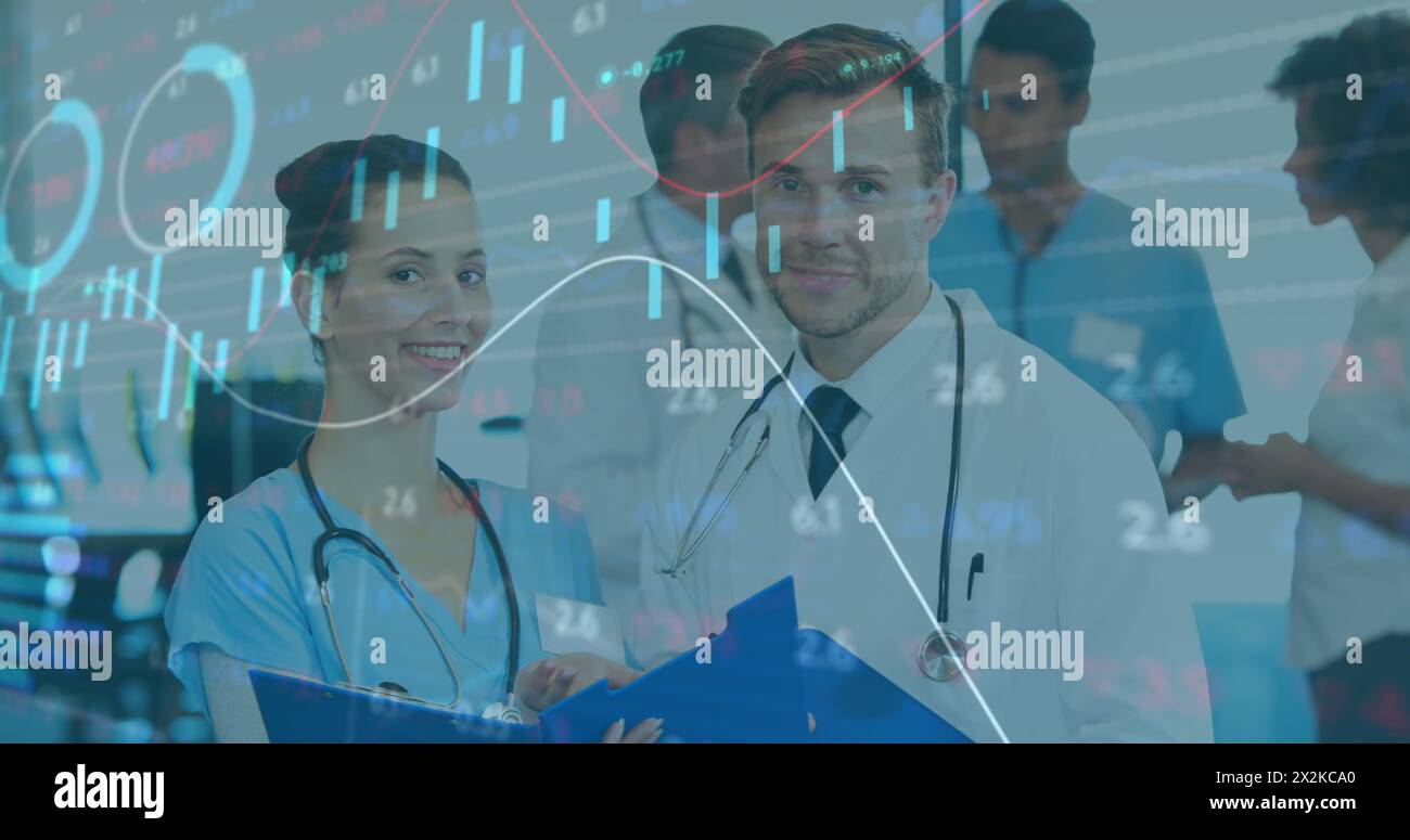 Image of multiple graphs moving over diverse smiling doctors analyzing ...
