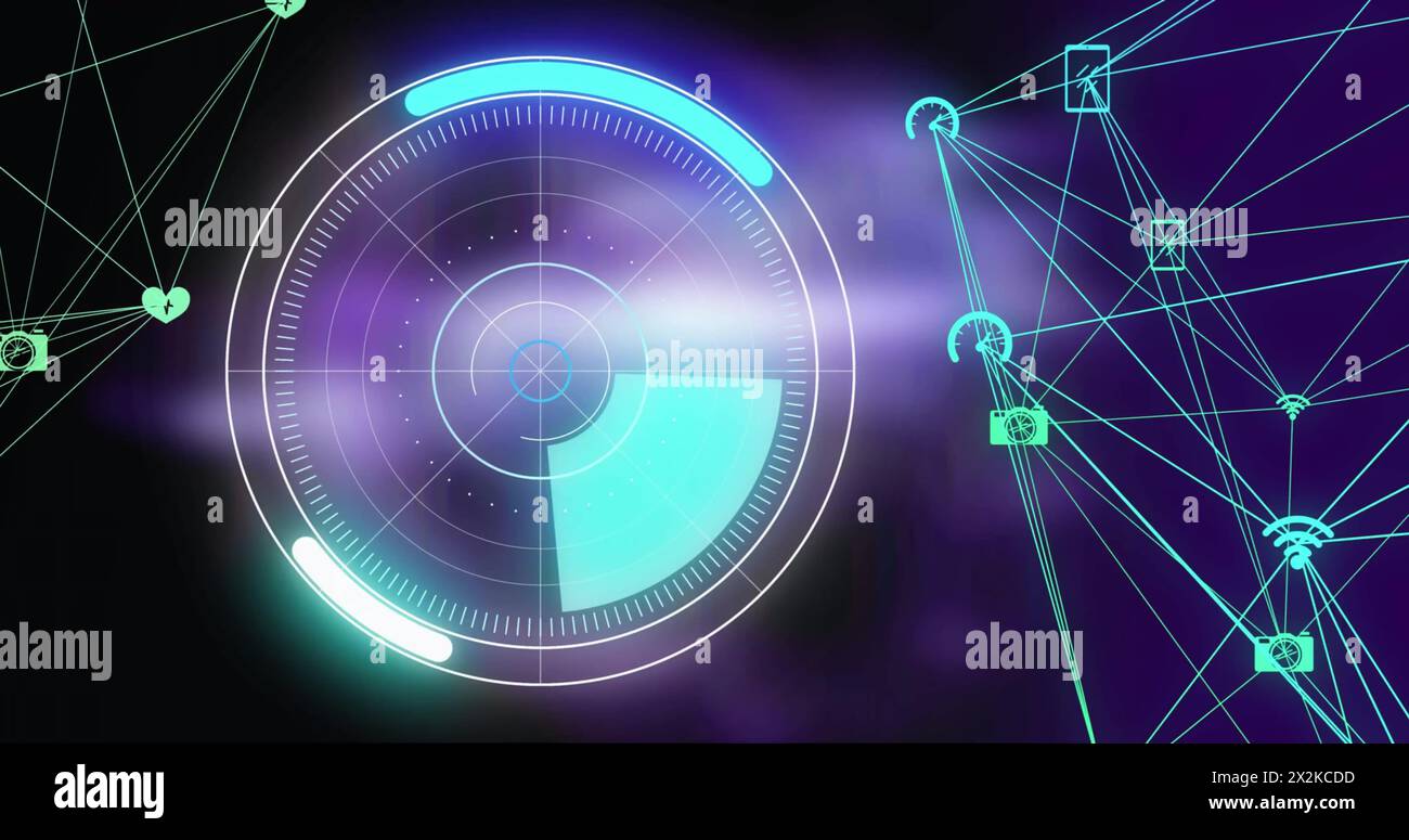 Image of network of connections with icons over scope scanning on black background Stock Photo ...