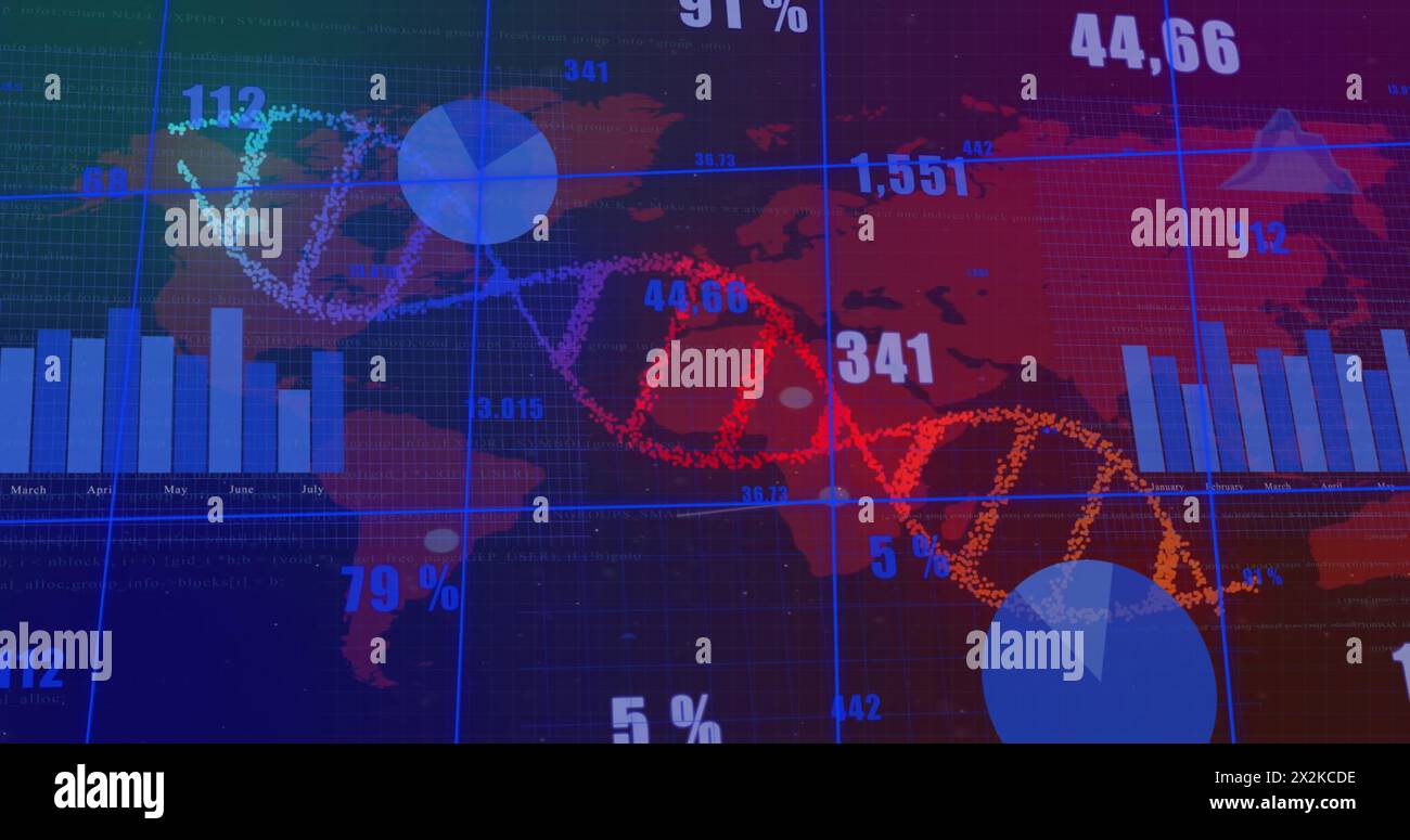 Image of dna strand over data processing and world map on black background Stock Photo - Alamy