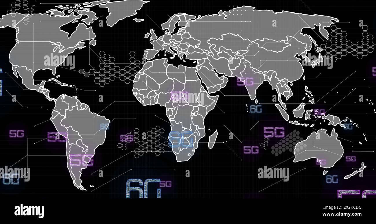 Image of 6g and 5g text and data processing over world map on black background Stock Photo - Alamy