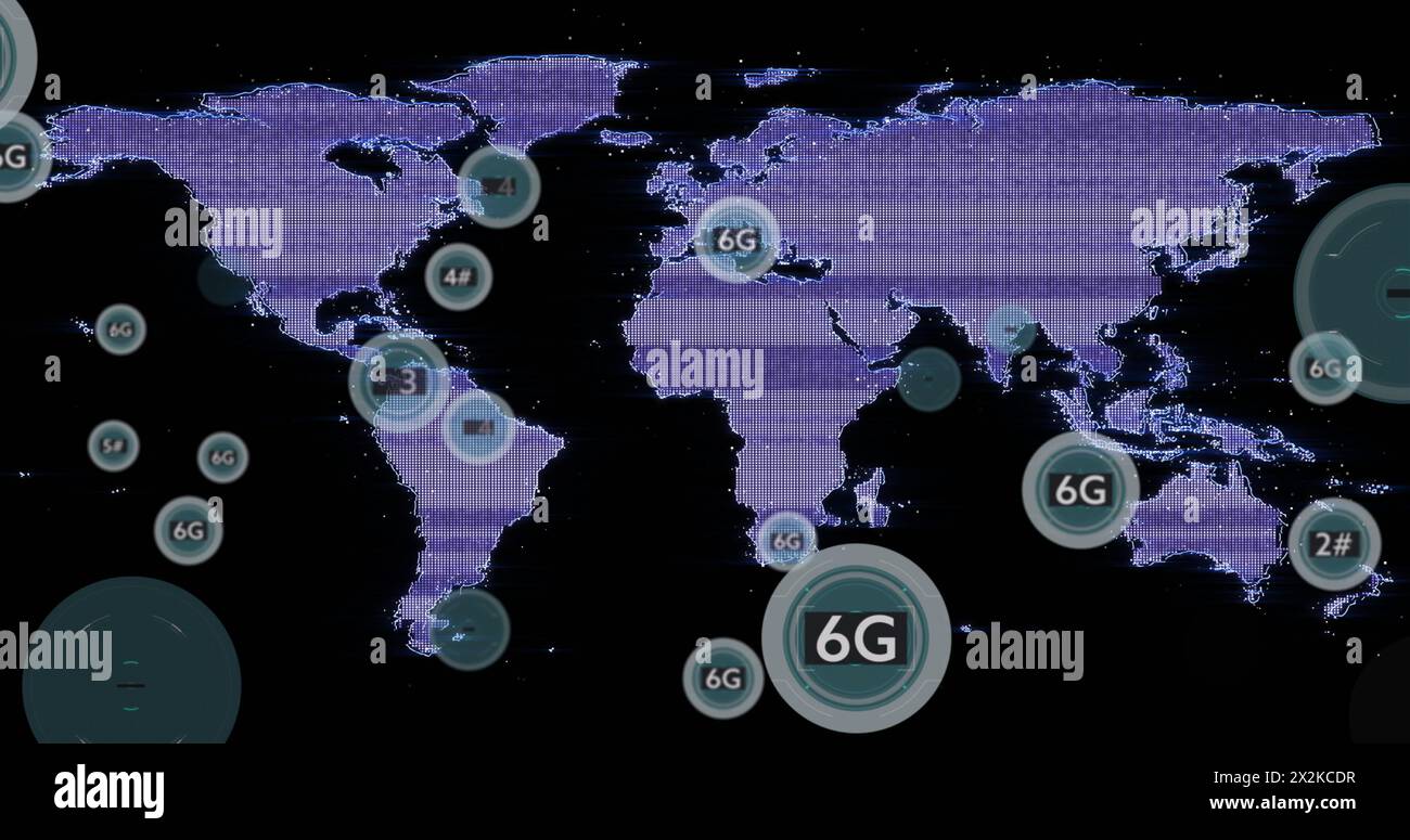 Image of 6g and 5g text and interference over world map on black ...