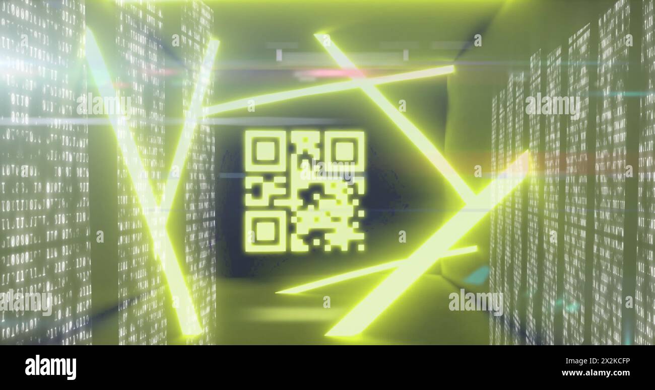 Image of qr code over neon shapes and moving columns on black background Stock Photo - Alamy