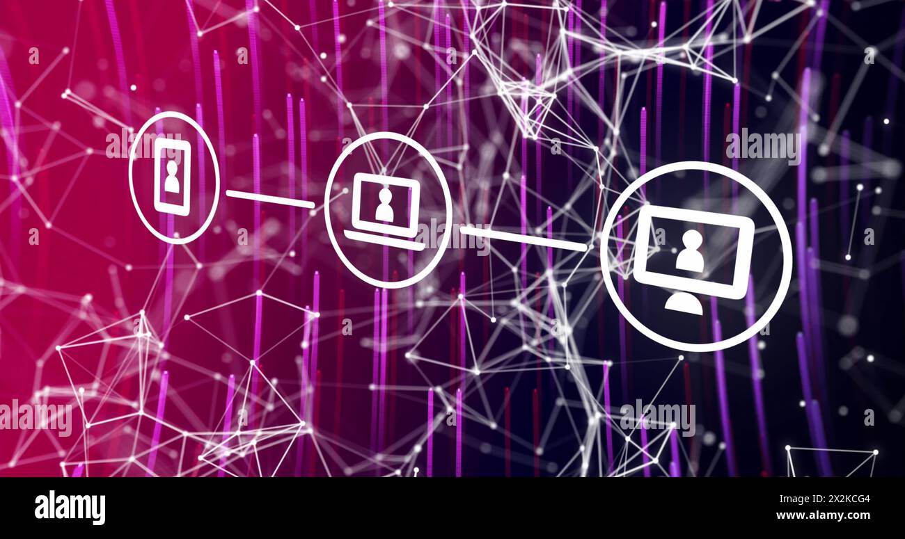 Image of technology icons and connections over lines on pink background ...