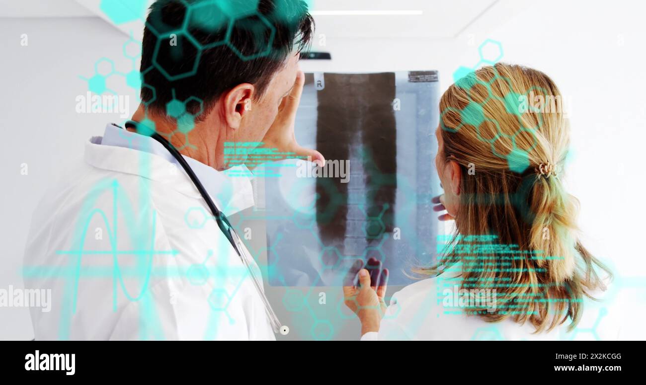 Image of scientific data processing over back of caucasian female and ...