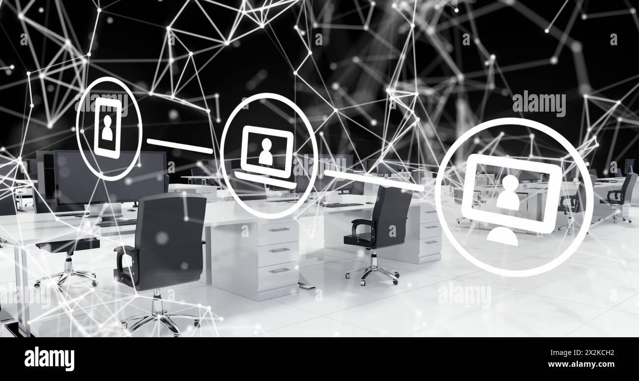 Image of technology icons and connections over office desks Stock Photo ...