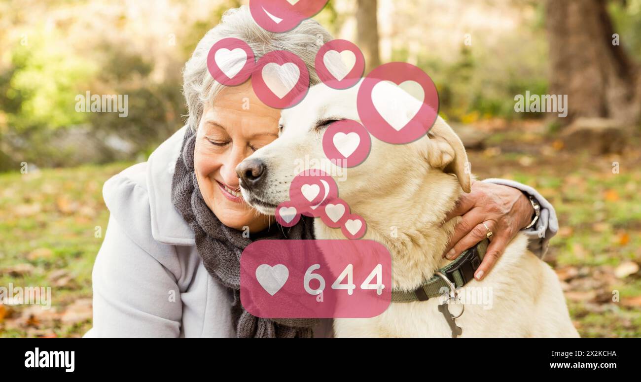 Image of social media icons with growing number over senior caucasian ...