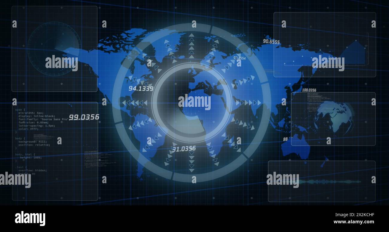 Image of scope scanning and data processing over globe in background Stock Photo - Alamy